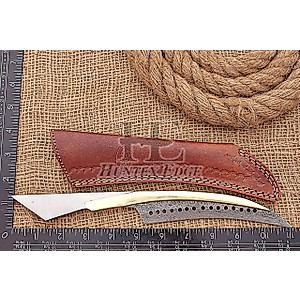 HUNTEX Custom Handmade Hand-Forged Rain Drop Pattern Damascus Steel 11 Inch Long Full Tang Steel-Brass Handle Razor Sharp Hunting Camping Hawkbill Knife w/Genuine Leather Pouch
