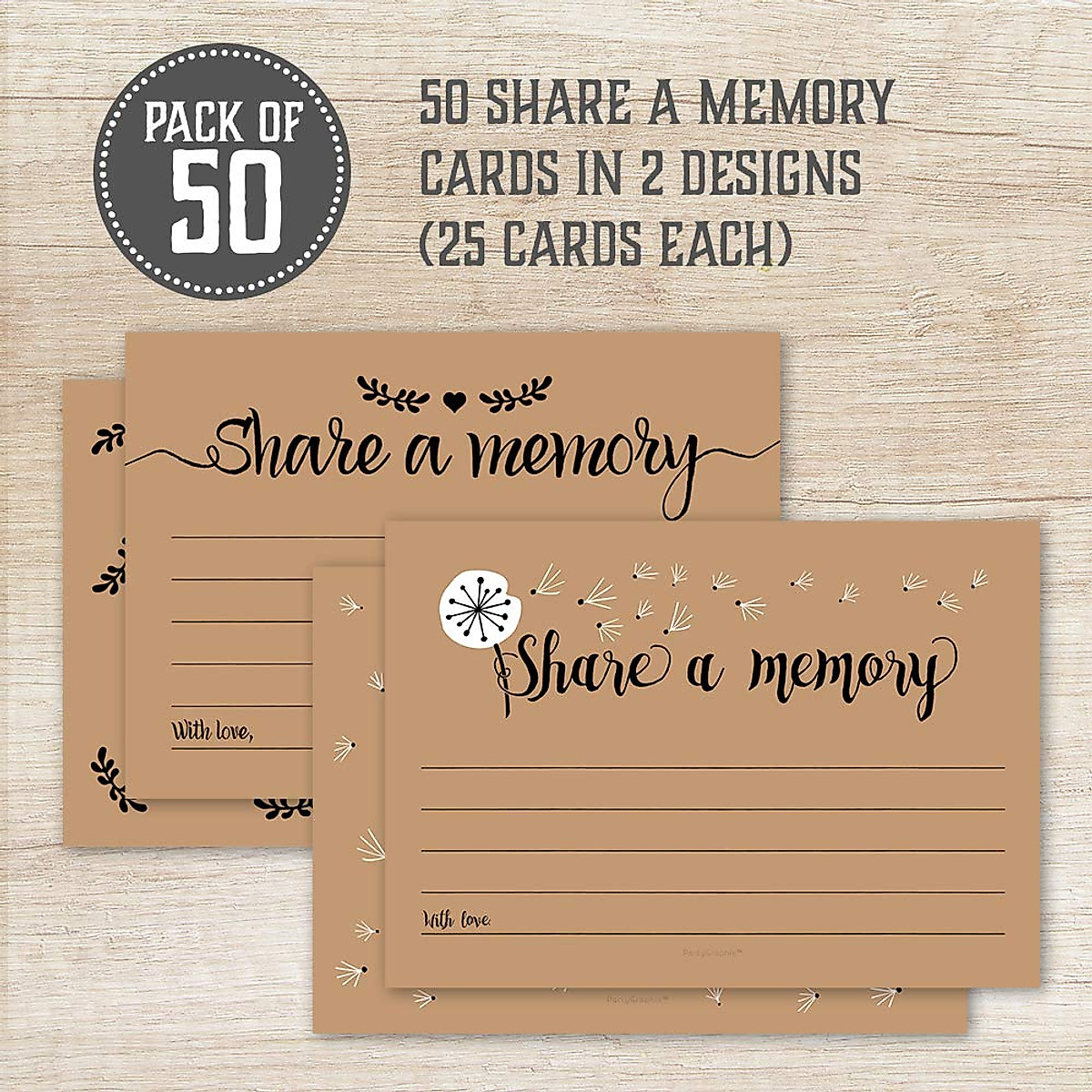 50 Share A Memory Cards - Perfect for Celebration of Life, Memorial, Funeral, Retirement, Going Away Party, Birthday, Graduation, Anniversary, Wedding, Bridal Shower - 2 Rustic Designs, 25 Cards Each