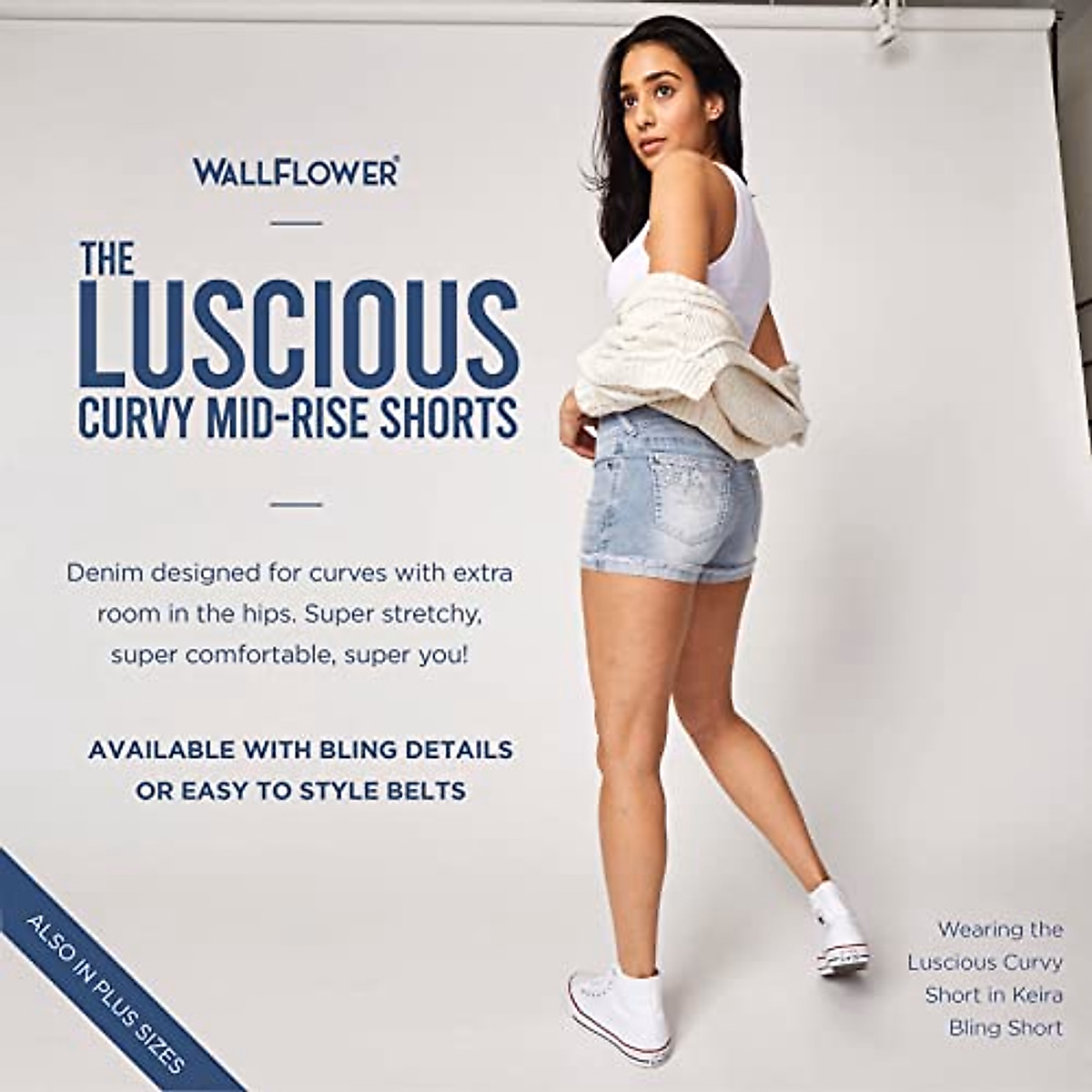 WallFlower Women's Luscious Curvy Denim Mid-Rise Bling Insta Stretch Juniors (Standard and Plus), White Belted Short, 13