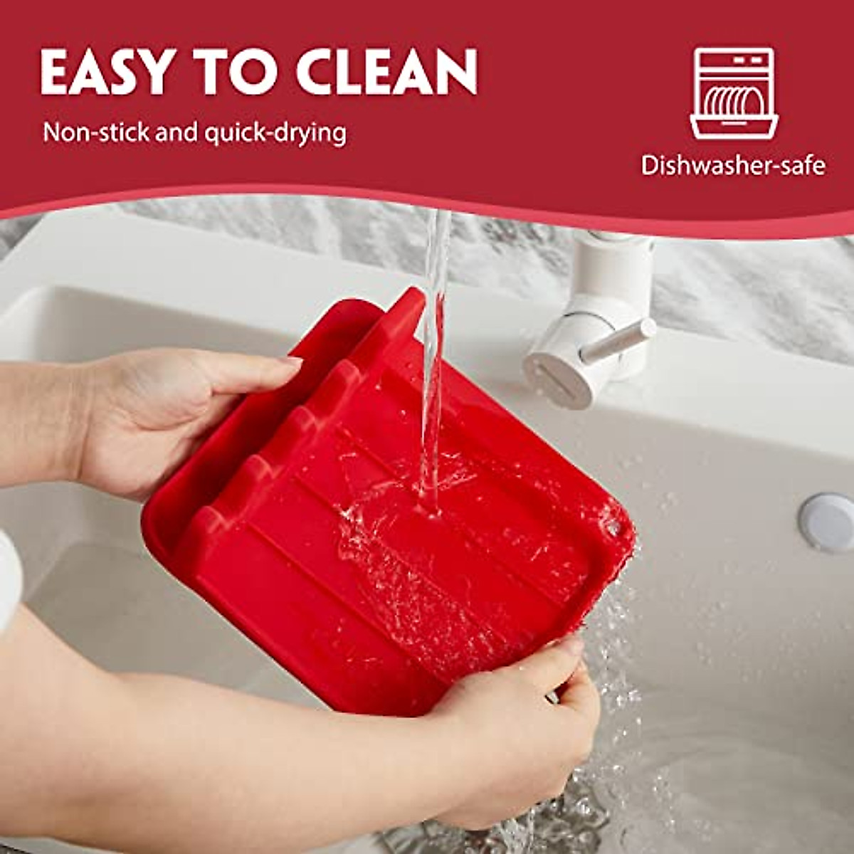 KITEXPERT Silicone Spoon Rest for Stove Top & Kitchen Counter - Non-Slip Utensil Rest with Drip Pad for Ladle, Spatula, Tongs and More Multifunctions - Heat Resistant Cooking Spoon Holder (Red)