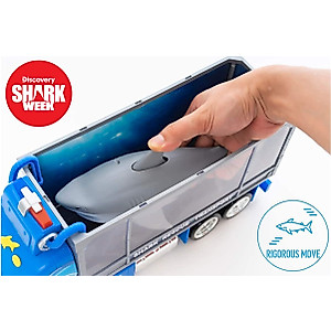 SHARK WEEK Discovery - Rescue Transport Truck Toy Playset for Kids, Includes Moving Toy Truck with Lights and Sounds, Great White Shark Tank, Hand Painted, Realistic, Eco Friendly, Officially Licensed