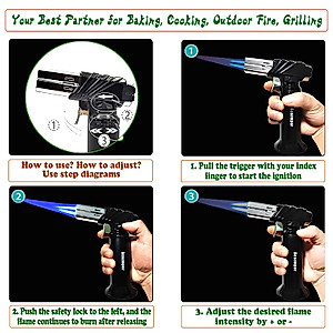 Double flame Butane Torch Without Butane Fuel, Refillable Kitchen Torch Lighter, Cooking Torch with Safety Lock Adjustable Flame, BBQ Baking Tools for Desserts Creme Brulee, diy soldering and camping