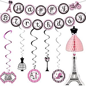 Paris Party Decorations Set, Paris Happy Birthday Banner Dress Honeycomb Centerpiece Eiffel Tower Cutout Paris Hanging Swirl Decoration for Baby Shower Birthday Paris Theme Party Supplies
