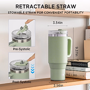 TYESO 30 oz Tumbler with Handle, Straw and Lid - Leak Resistant Insulated Stainless Steel Water Bottle, Car Cup Holder Friendly Travel Coffee Mug Green - Gifts for Men & Women