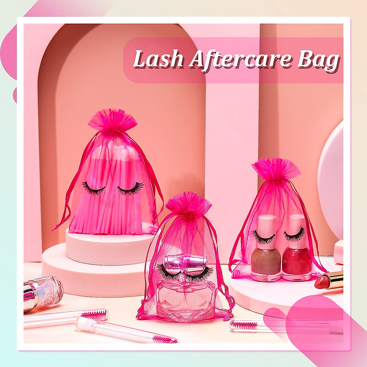 100 Pcs Eyelash Aftercare Bags 4 x 6 Inches Eye Lash Print Aftercare Makeup Bags Drawstring Cosmetic Bags Organza Beauty Bags for Women Makeup Jewelry Supplies (Pink)