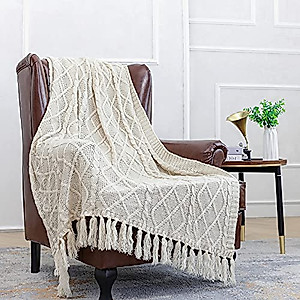Solid Soft Cozy Cable Knitted Blanket Throw, Lightweight Decorative Textured Cream Throw Blanket with Fringes for Couch Chairs Bed Sofa,Beige, 50"x 60"