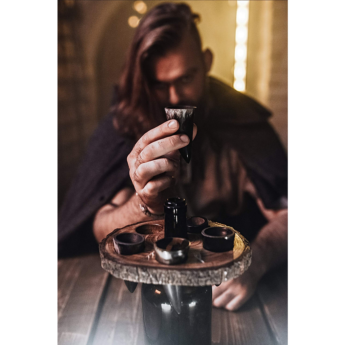 Norse Tradesman Genuine Drinking Horn Shot Glass Set (5) w/Rustic Wood Display Stand (Live Edge) | Engraved with Norse Runes | Packaged in Burlap Gift Sack