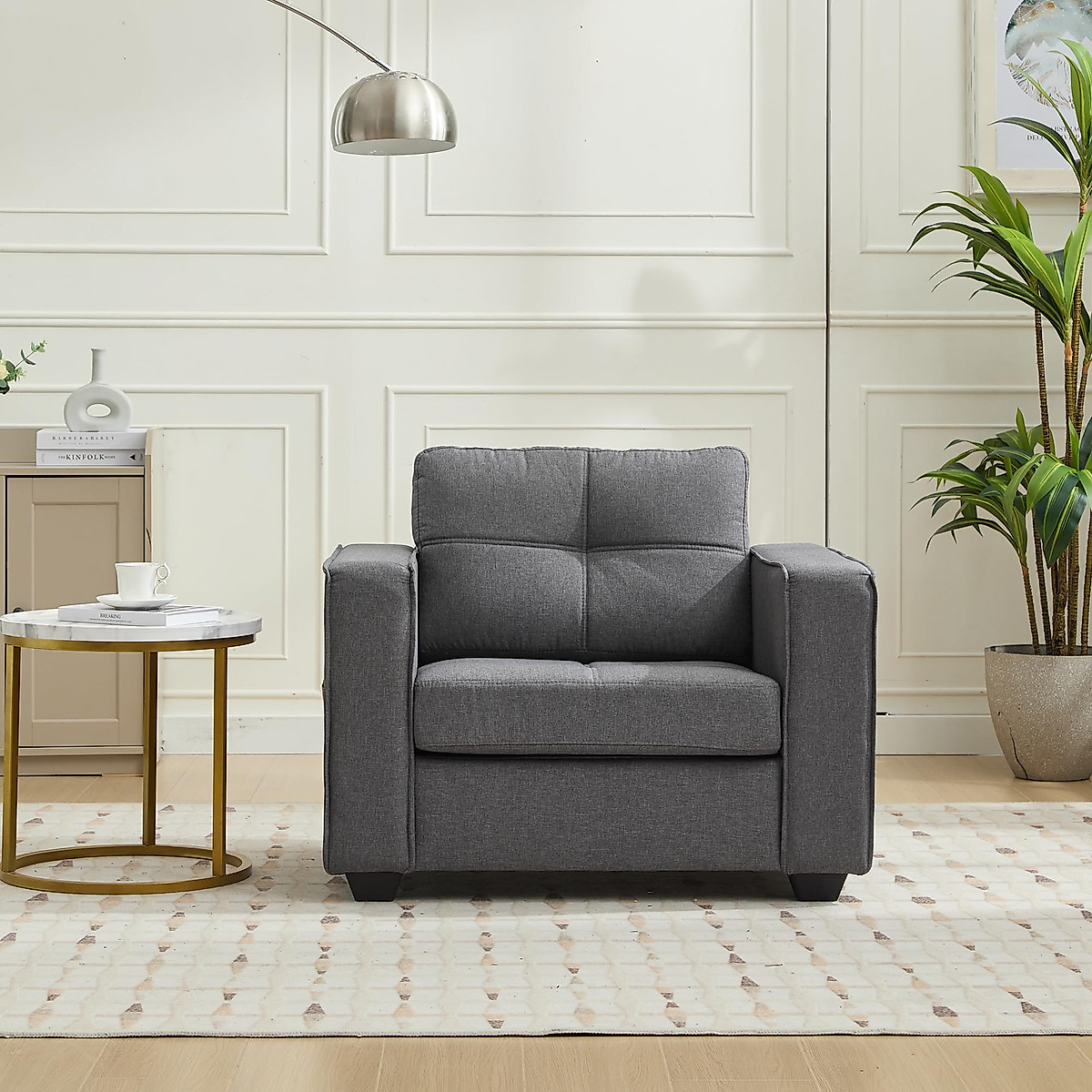 TYBOATLE Accent Chair, 38.58" W Mid-Century Modern Linen Fabric Tufted Living Room Chair, Comfy Upholstered Reading Club Arm Chairs for Living Room, Bedroom, Office (Dark Grey)