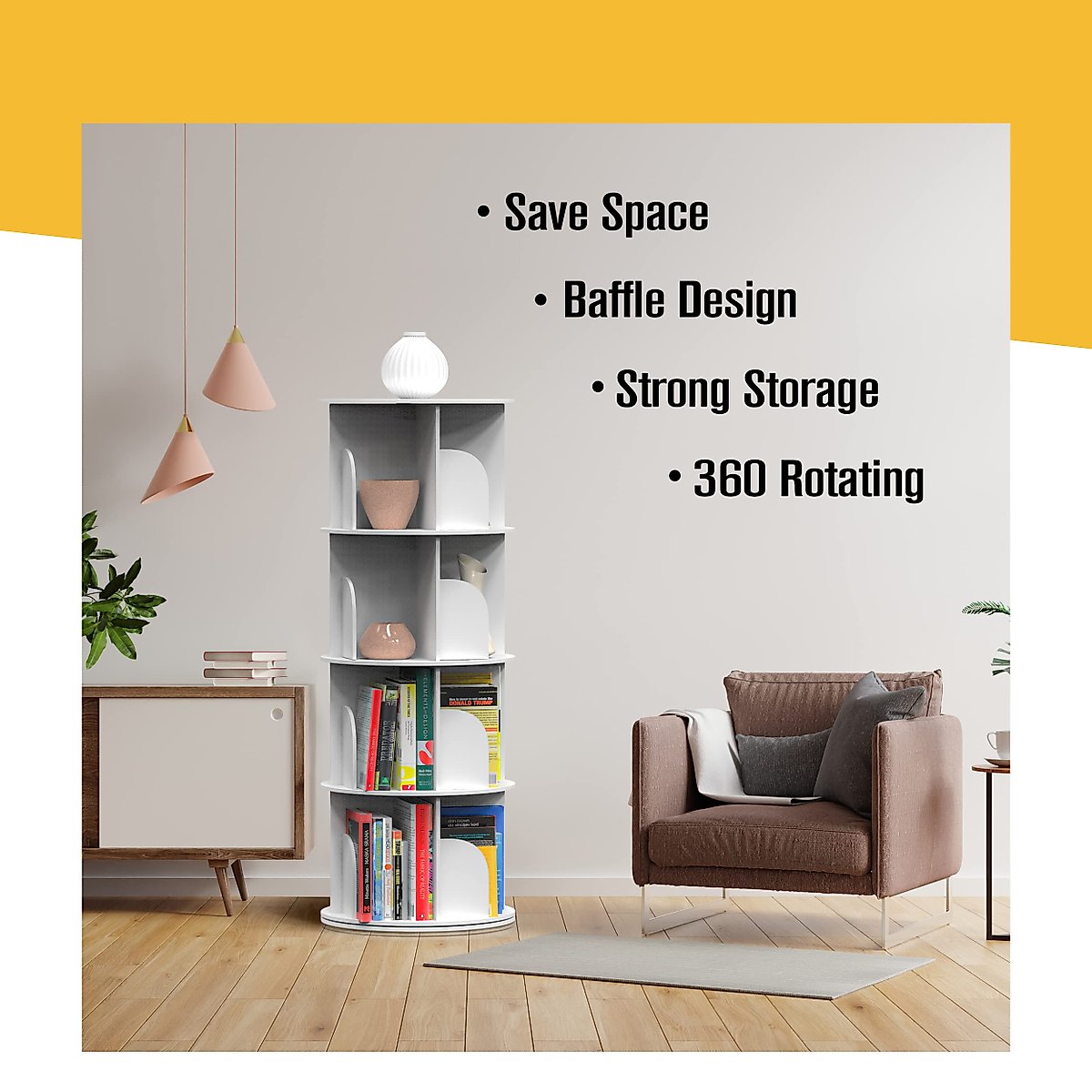 Rotating Bookshelf, Revolving Bookcase, Spinning Book Shelf, 4 Tier, 18.2” W x 50.6” H, White, Wood, 360 Degrees Bookshelves, Floor Stand, Rotation Display Tower, Stackable, Round, for Kids, Children