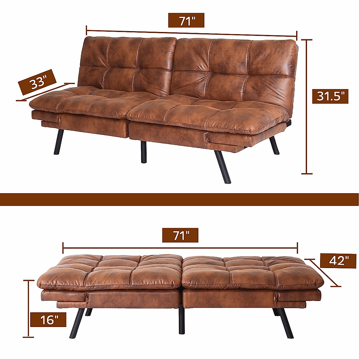 CH CHARME HOUSE Bed Convertible futon Couch with Adjustable Backrest, Modern Sleeper Sofa for Office Living Bedroom and Sitting Room, Brown