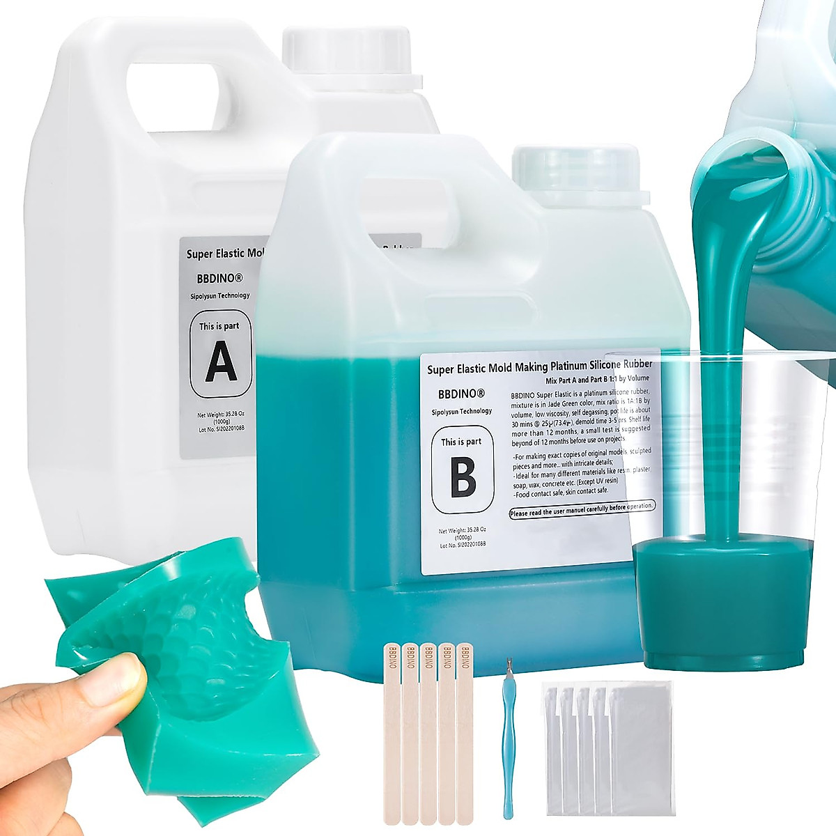 BBDINO Super Elastic Silicone Mold Making Kit, Mold Making Silicone Rubber 70.56 oz, Liquid Silicone Rubber, Ideal for Casting 3D Resins Molds| Silicone Molds| Food Molds 1:1 by Volume, Jade Green
