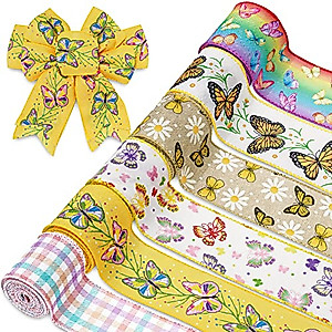 Whaline 6 Roll Butterfly Wired Edge Ribbon 36 Yards Colorful Butterfly Daisy Flower Plaids Craft Ribbon Spring Summer Farmhouse Fabric Ribbon for Gift Wrapping Hair Bow Sewing Wreath Crafts, 2.5 Inch