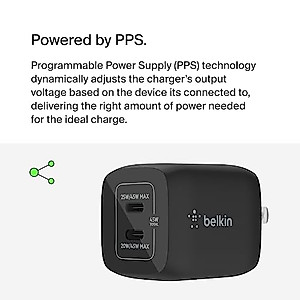 Belkin 45W Dual USB-C Wall Charger, Fast Charging Power Delivery 3.0 w/ GaN Technology for iPhone 15, 15 Pro, 15 Pro Max, 14, 13, Mini, iPad Pro 12.9, MacBook, Galaxy S23, & More - Black (2-Pack)