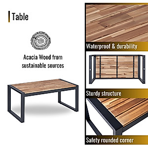 FocusOnHome 4-Piece Patio Furniture Set Outdoor Balcony Porch Garden Backyard Lawn Furniture Acacia Wood Table Top, Morden Black and Light Brown
