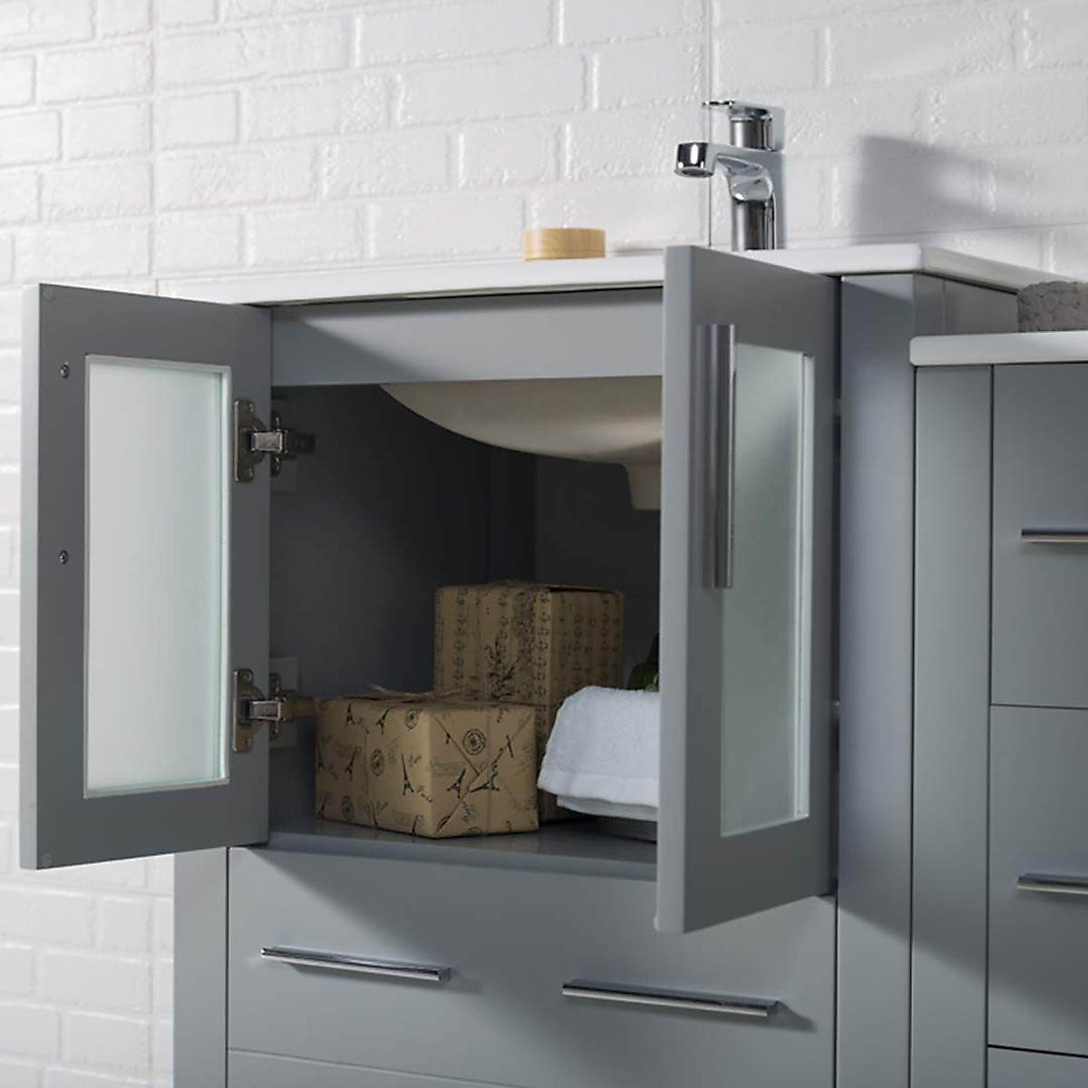 60 Inches All Wood Double Ceramic Sink Bathroom Vanity with Side Cabinet, 001 60 15 C (Double Ceramic Top, Metal Grey)