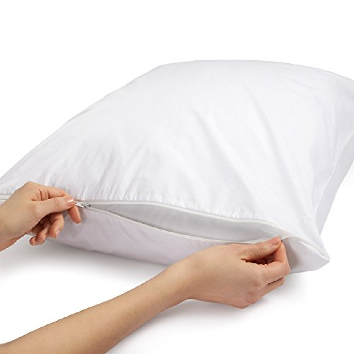 Amazon Basics Standard Pillowcase with Zipper, 100% Cotton Hypoallergenic, Pillow Protector, White (27 x 21 Inches), Pillows Not Included