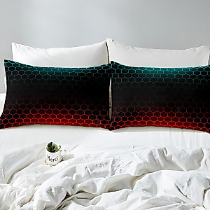 Red Blue Ombre Duvet Cover Full, Geometric Honeycomb Bedding Set Abstract Ombre Honeycomb Comforter Cover Beehive Hexagon Bedspread Cover Bed Set with 2 Pillow Case (No Comforter)