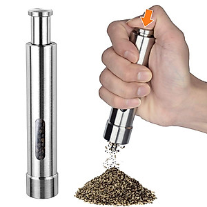 Cute Stainless Steel Pepper Mills with One Hand Stands Mini Thumb Push for Peppercorns, Sea Salt, Spices, Table Seasoning Grinders