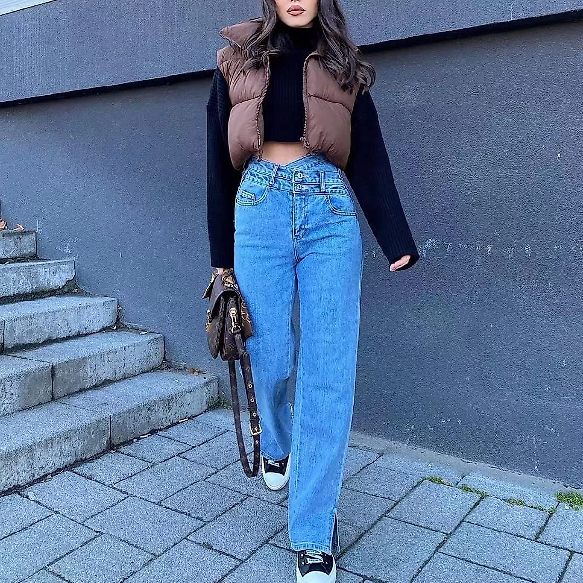 KEOMUD Women's Winter Crop Vest Lightweight Sleeveless Warm Outerwear Puffer Vest Padded Gilet Brown Small