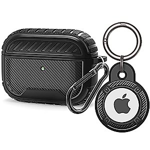 Airpod Pro 2 Case Airtags Holder Combo Rugged Airtag Airpod Pros Case Cover Carbon Fiber Protective Case with Air Tag Keychain Birthday for Men Women [ Matte Black,Front LED Visible]