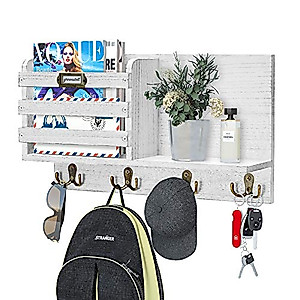 GREENSTELL Mail Holder, Large Size Wall Mounted Mail Organizer with Tags & 4 Double Key Hooks, Rustic Wood Mail Sorter, Home Decor for Entryroom, Mudroom, Hallway, Kitchen, Office White Gray