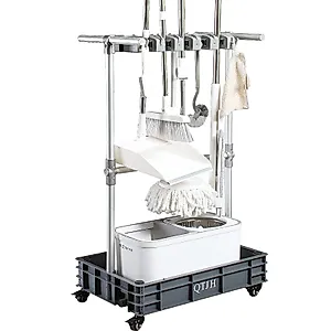 QTJH Broom mop holder cleaning supplies organizer janitorial carts on wheels housekeeping station storage tools for garage, garden, closet, cabinet.