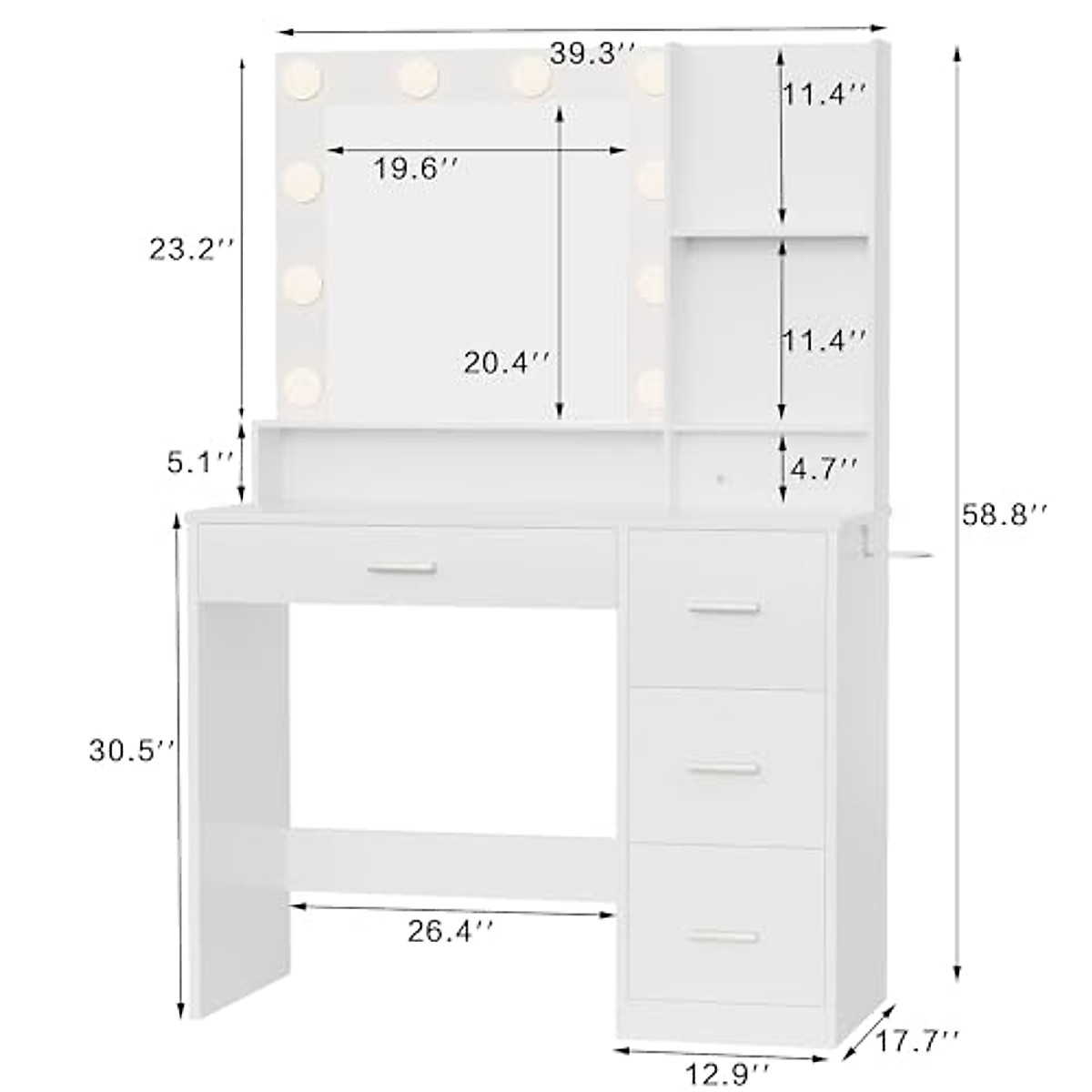 YESHOMY Vanity Desk with Mirror, Power Outlet and 10 Lights, Makeup Table with 4 Drawers, 3 Color Modes Available for Bedroom, White