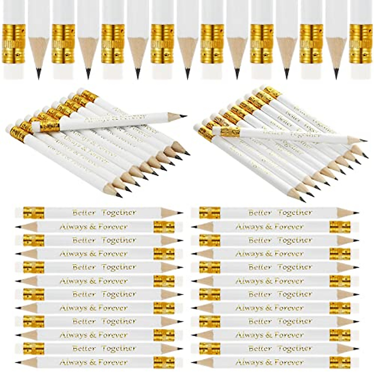 60 Pieces Wedding Pencils Half Pencils Bridal Pencils with Eraser White Gold Golf Pencil 4 Inch Mini Pencils 'Better Together' 'Always and Forever' Pencils for Bridal Shower Wedding Party, School