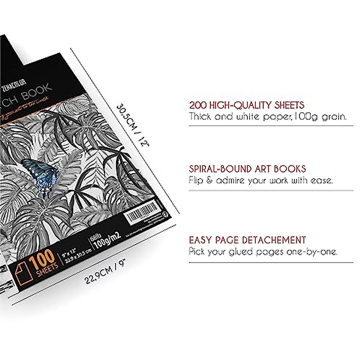 ZENACOLOR - Professional 200 Sheets Sketch Book 9"x12" with Spiral Bound and Hardback Cover - Pack of 2 - White Acid-Free Drawing Paper (100 g)