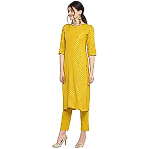 Janasya Indian Women's Mustard Poly Crepe Kurta With Pant And Dupatta(SET197-KR-NP-L)