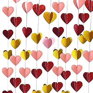 Rose-Red Gold Party Decoration, 3D Heart Garland 53Ft Hanging Love Heart Streamers, 3Packs Pink Bachelorette Party Favors Hearts Décor Valentine’s Day Birthday Engagement Wedding Bridal Shower Banner