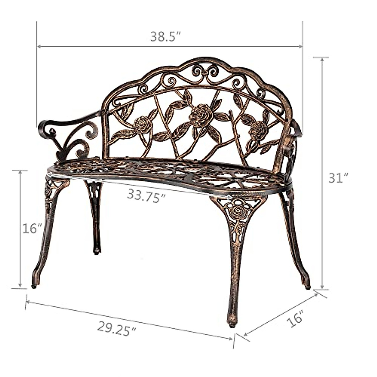 GOODSILO Outdoor Garden Bench Powder Coated Cast Aluminum Iron Patio Bench with Rose Backrest, Seat Surface, Legs for Porch Benches Outdoor, Park, Courtyard, Backyard 38.5 Inch Wide Bronze