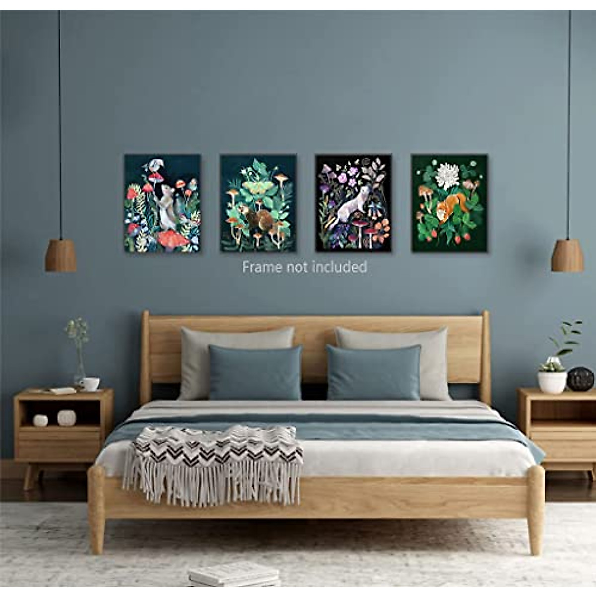 Mushroom Butterfly Wall Art, Black Background Botanical Floral Insect Wildlife Fox Print, Fun Cute Creative Nature Poster for Kitchen Bedroom Living Room Decor, Set of 4 - (8 x 10 Inch Unframed)