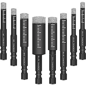 JOERIC 8 PCS Black Dry Diamond Drill Bits Set, Hex Shank Diamond Hole Saw Kit with Storage Bottle, for Granite Marble Tile Ceramic Stone Glass Hard Materials (Not for Wood) with Size 3/16'' to 9/16''