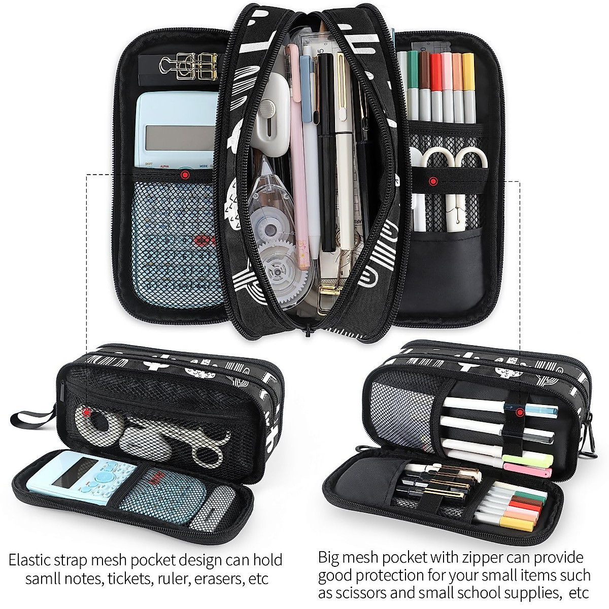 Fustylead Black and White Fun Western Cactus Pencil Pen Case with 3 Compartments, Lightweight & Spacious Stationery Bag Cosmetics Bag