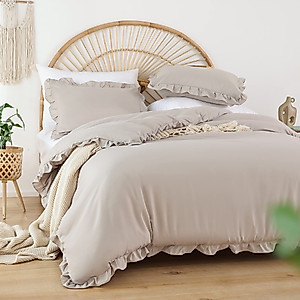 JANZAA Oatmeal Twin Ruffled Soft Twin Size Bed Set Vintage Farmhouse Bed Comforter Set Shabby Fluffy Bedding (1 Comforter Set and 1 Pillowcase)