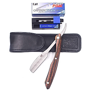 Kai Kasho Captain Woody Professional Folding Japanese Straight Edge Barbering Razor with Leather Case, Compatible with Feather Artist Club and Kai Captain Blades, 20 Kai Captain Titan Blades Included