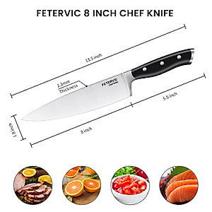FETERVIC Chef Knife 8 Inch Chef's Knife with Knife Sharpener, German High Carbon Stainless Steel Kitchen Knife with Triple-Rriveted Ergonomic Handle & Gift Box