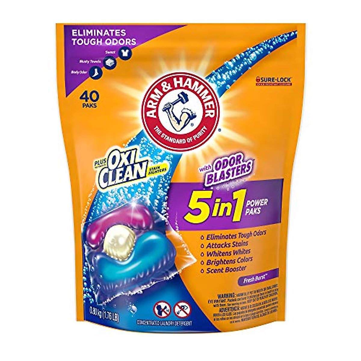 Arm & Hammer Plus OxiClean With Odor Blasters LAUNDRY DETERGENT 5-IN-1 Power Paks, 40CT (Packaging may vary)