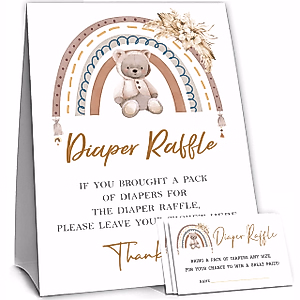 50 Diaper Raffle Tickets and 1 Self-standing Diaper Raffle Sign, Bear Boho Rainbow Baby Gender Reveal Party Supplies, Gender Neutral Baby Shower Decorations - LBLK-017
