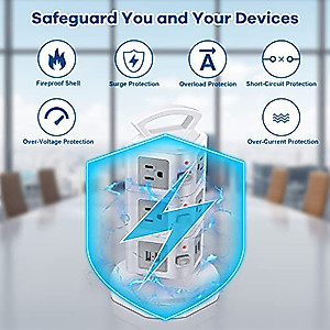 Power Strip Tower Surge Protector, Retractable Extension Cord with Multiple Outlets, 10 AC Outlets with 4 USB Ports Charging Tower, Multi Plug Outlet Extender Desktop Charging Station for Home Office