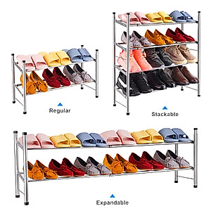NiHome 2-Tier Expandable Shoe Rack - Lightweight, Stackable and Space-Saving Metal Organizer for 6-10 Pairs of Shoes - Ideal for Closet, Hallway, Entryway, Living Room, Bedroom (Silver)