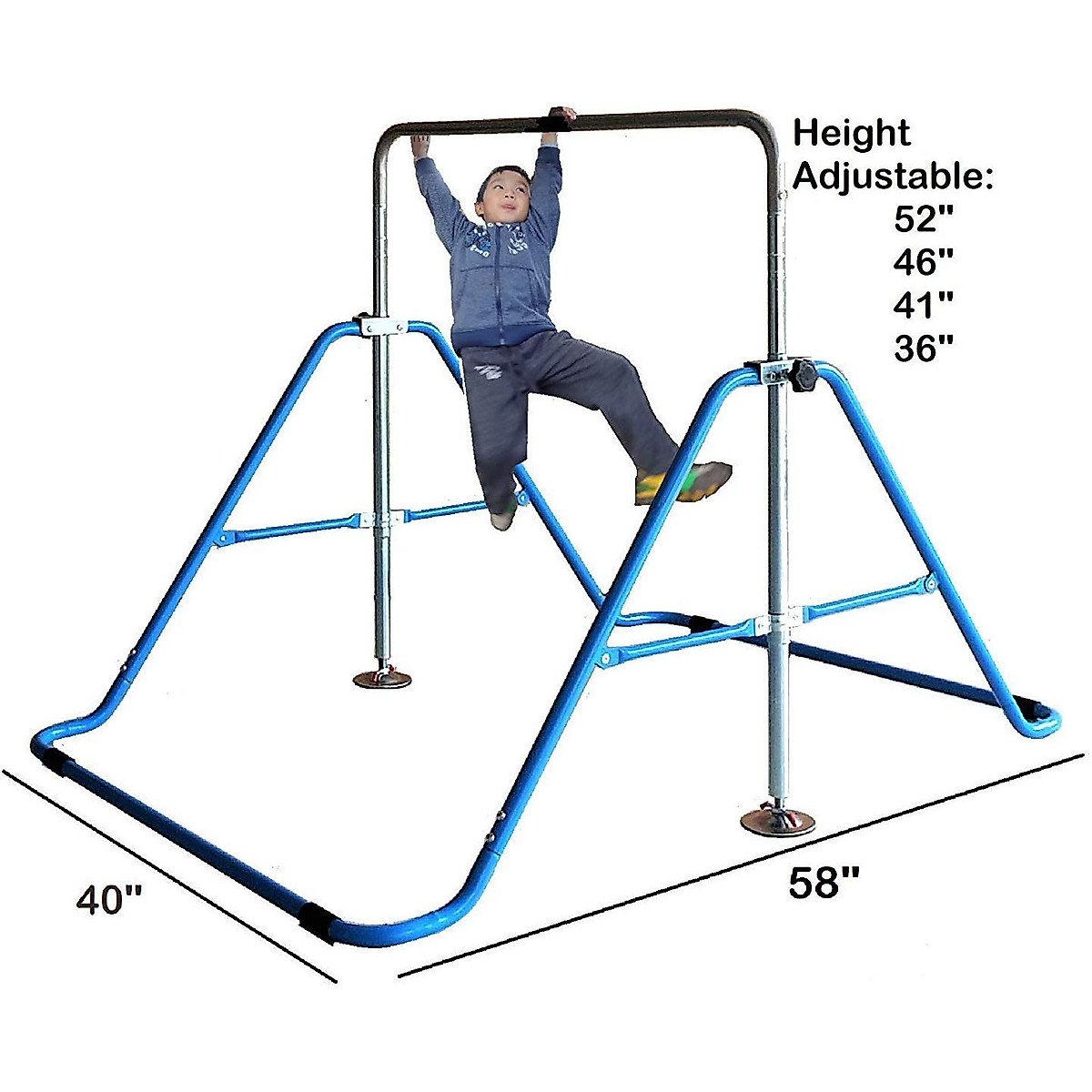 Gymnastics Training Bar for Kids Home Expandable Folding Kip Bar 4 in 1 Set with Swing Seat, 2 Trapeze Rings | Horizontal Bar Junior Gymnastic Equipment Height Adjustable Monkey Bars Jungle Gym Blue