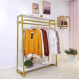 FONECHIN Metal Garment Rack with 2 Wood Shelves Gold Clothing Rack Heavy Duty Free-Standing Retail Display Clothes Racks for Hanging Clothes Boutique Store 59"