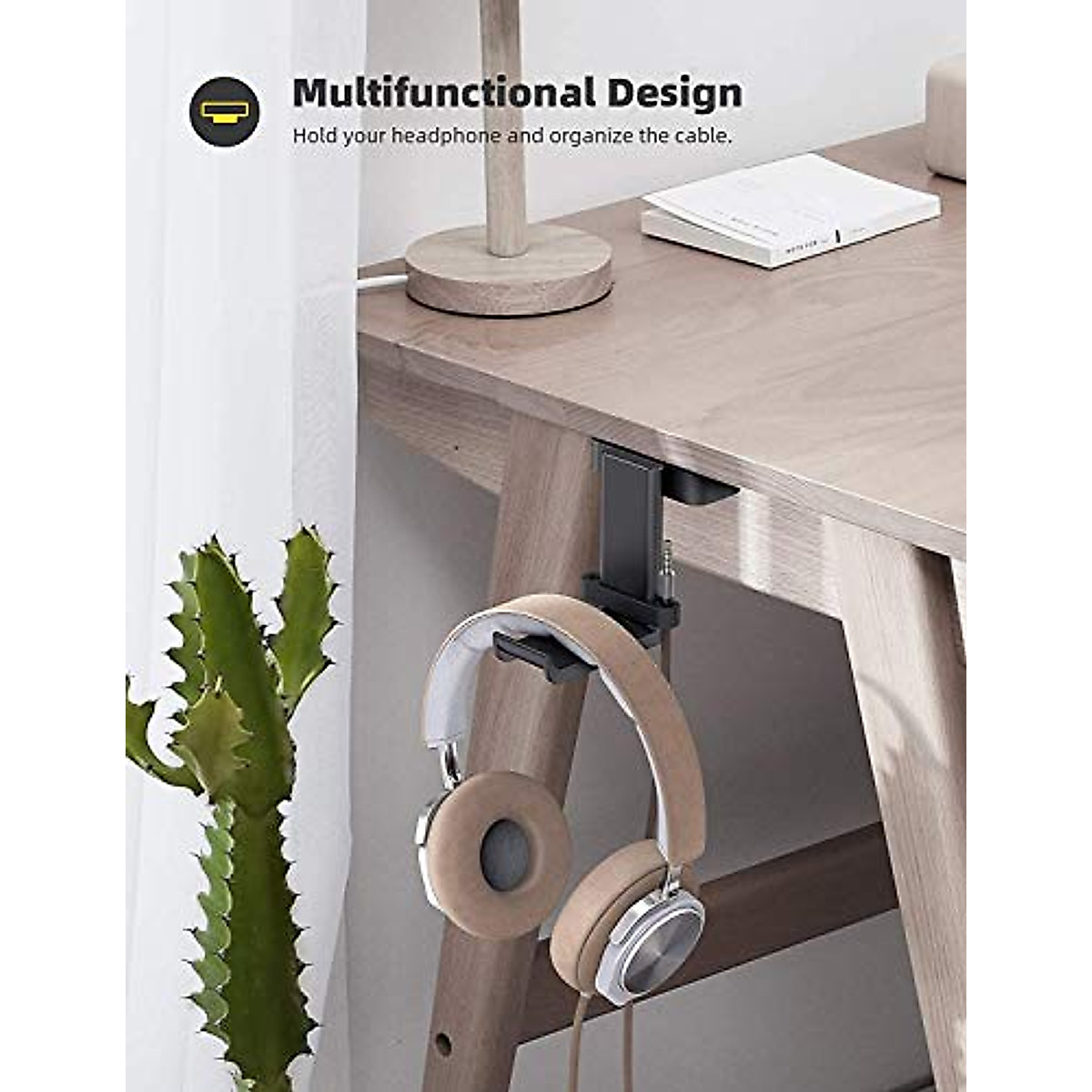 Lamicall Headphone Stand, Sticky Headset Hanger - 360 Degree Rotation Earphone Adhesive Hook Holder Mount, Table Headphone Stand with Cable Organizer, Headset Clamp for HyperX, Sony, Sennheiser -Black