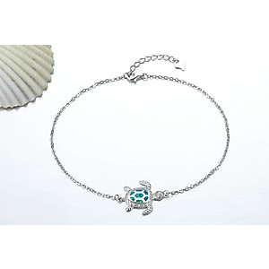 PUPILLEMON Blue Opal Sea Turtle Ankle Bracelet Sterling Silver Anklet Fine Jewelry For Women Gifts (Large Bracelet)
