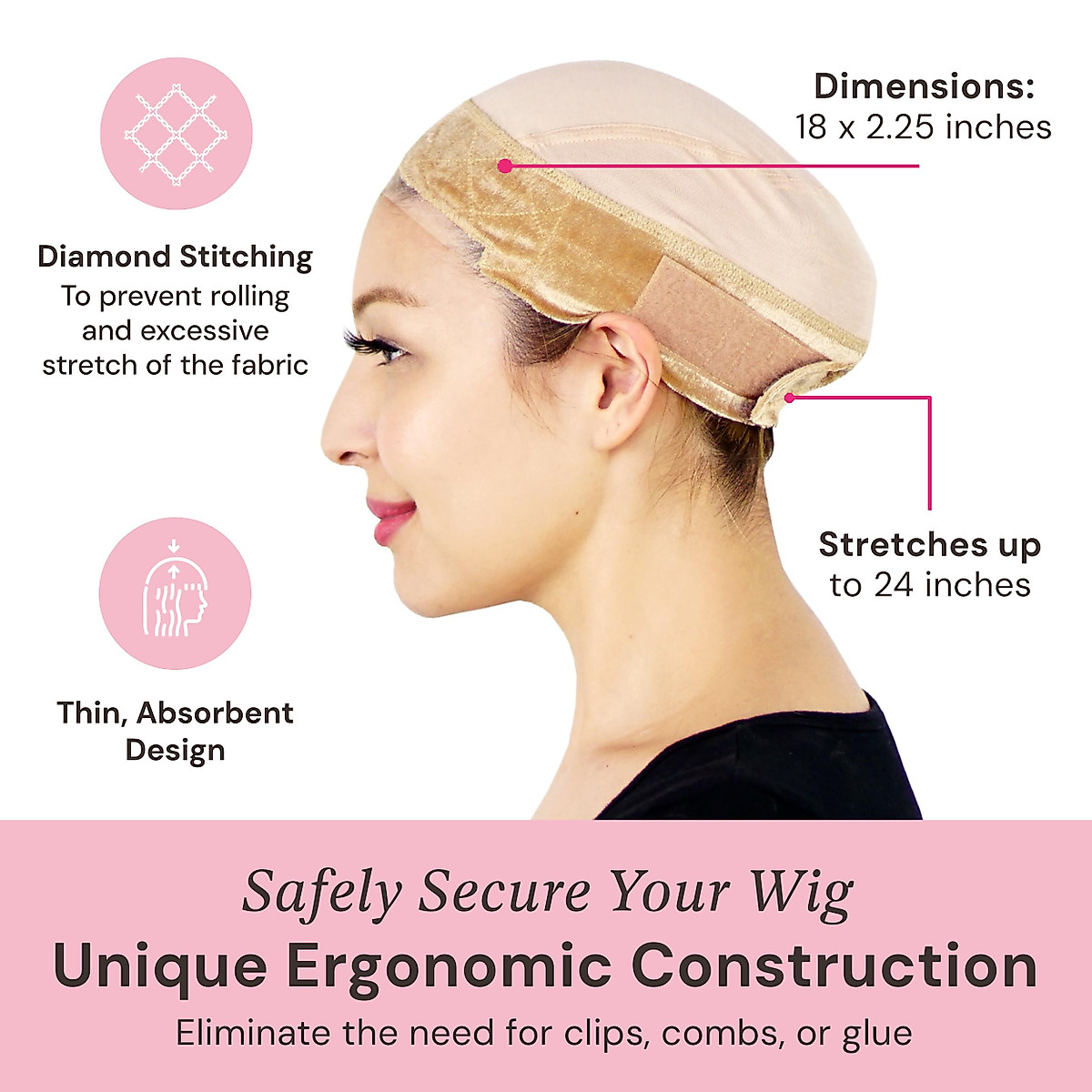 MILANO COLLECTION Lace Wig Grip Cap for Women, Adjustable Wig Caps for Women Non Slip with Headband to Secure Lace Top Perfectly in Place, One Size Fits All, Nude