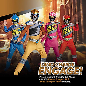 Gold Power Rangers Costume for Kids. Official Licensed Gold Ranger Dino Charge Classic Power Ranger Suit with Mask for Boys & Girls, Medium 7-8
