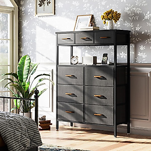 AODK Dresser with Charging Station, 52 Inches Tall Dresser for Bedroom with 9 Storage Drawers, Large Fabric Dressers for Hallway, Dark Grey