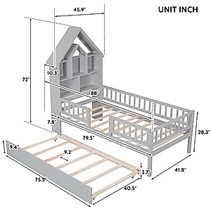 Twin House Bed with Bookcase Headboard and Trundle, Montessori Bed Twin Platform Bed with Storage and Fence Guardrails, Solid Wood Playhouse Bed Frame for Kids Teens Girls Boys (Twin Size, Gray)